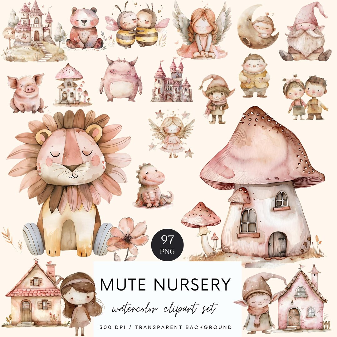 Mute Nursery Watercolor Clipart, Cute Animals Clipart, Nursery Decor ...