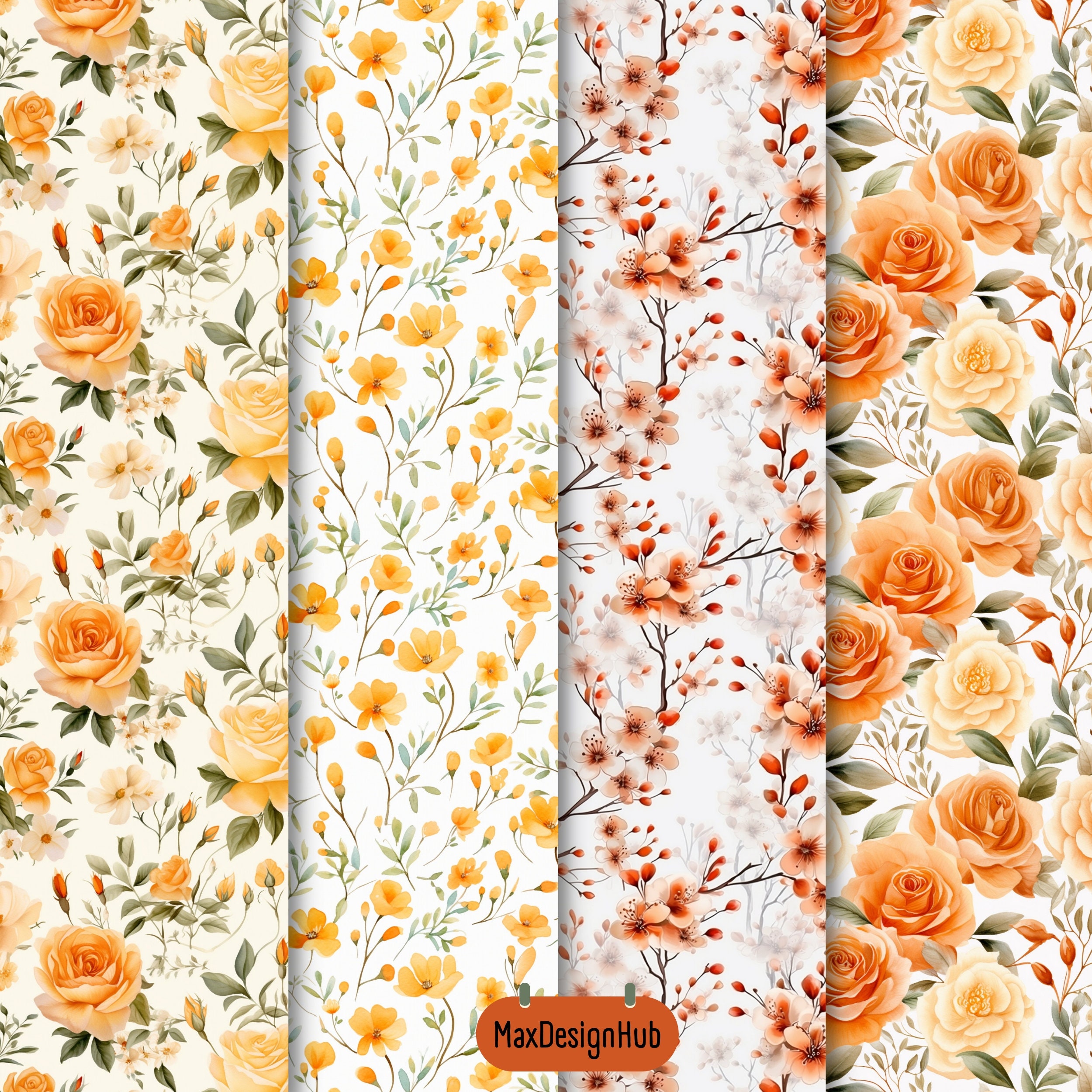 20 Orange Watercolor Floral Printable Paper Seamless Shabby Chic ...