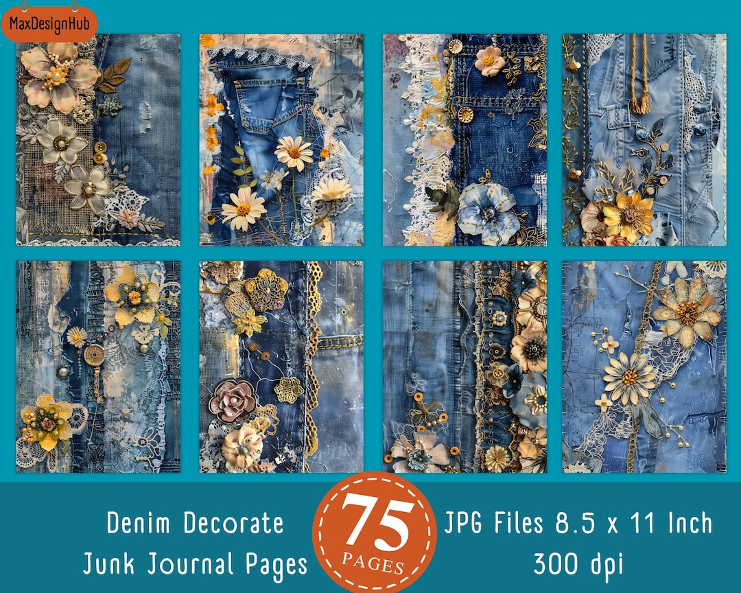 Denim Junk Journal Page, Denim Journal, Denim Theme Journal, Patchwork ...