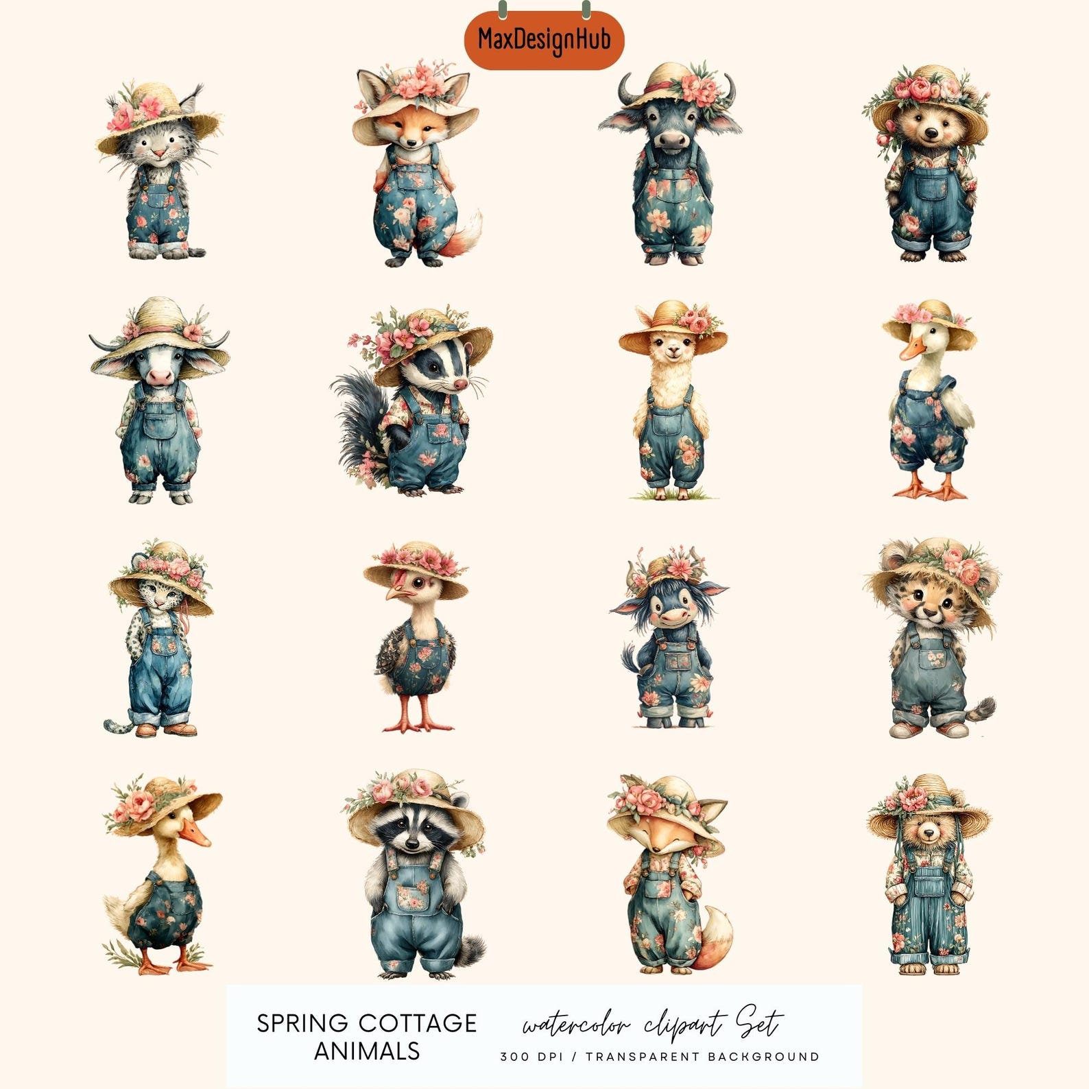 Spring Cottage Animals Clipart: Watercolor PNG Images (digital Download ...