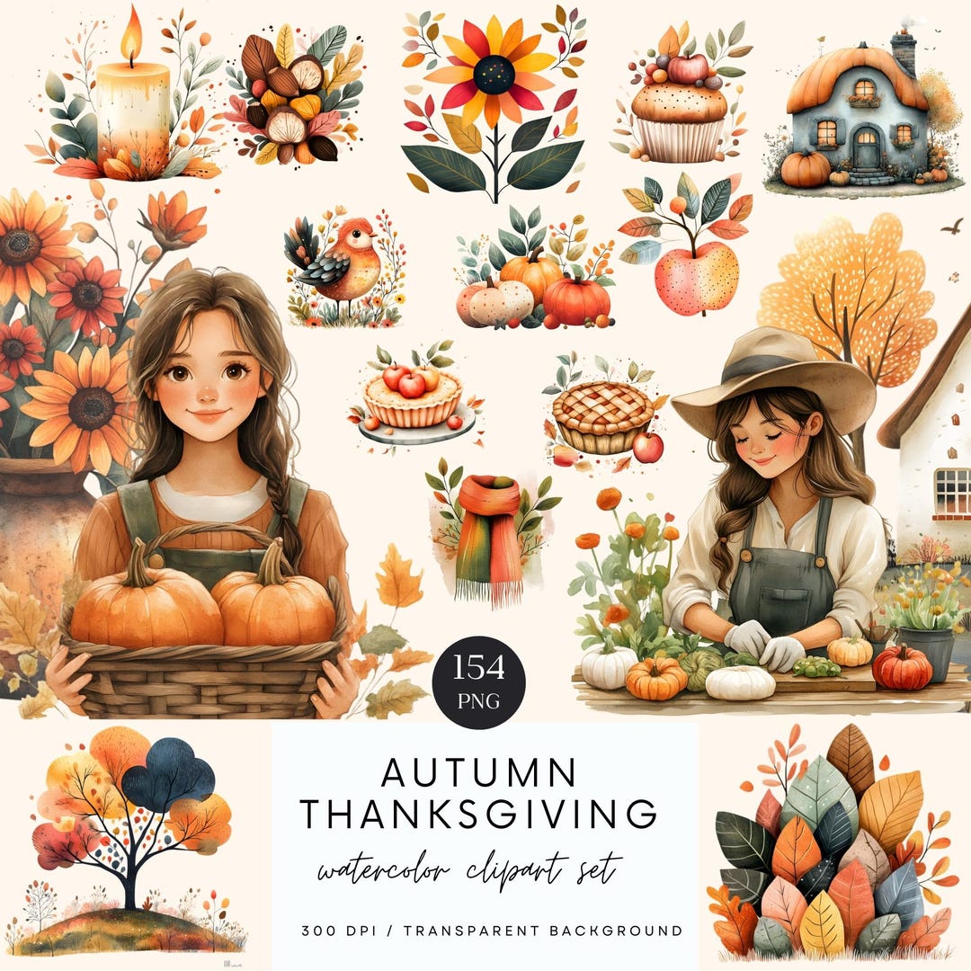 Autumn Thanksgiving Watercolor Clipart, Fall Watercolor Clipart, Autumn ...