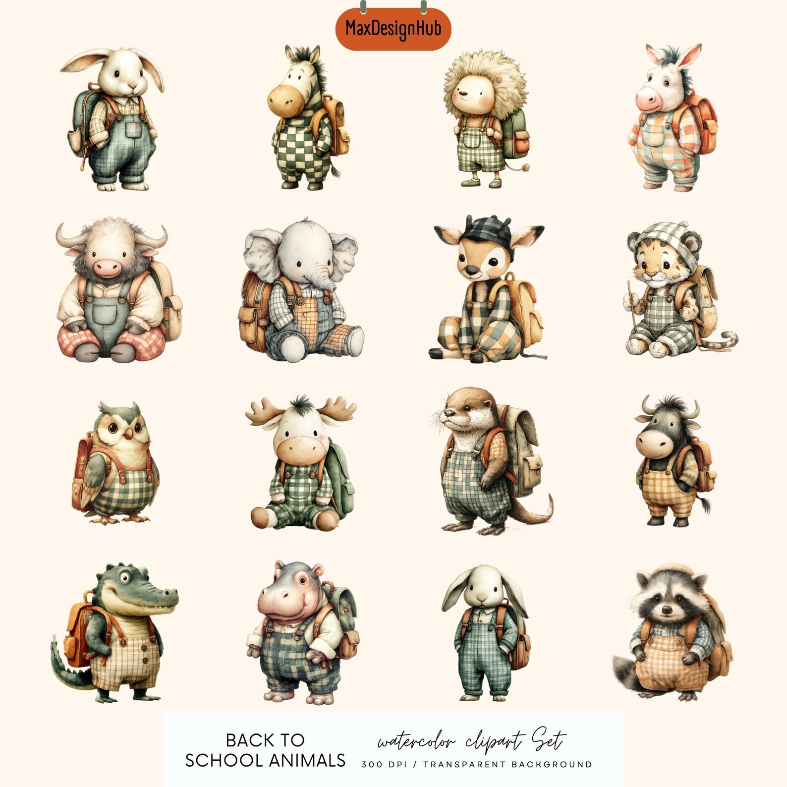 Back to School Animals Clipart: Watercolor PNG Set (digital Download ...