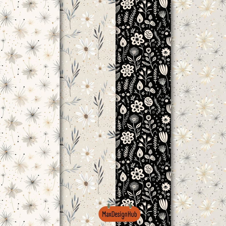 Black & White Doodle Floral Paper: Seamless Scrapbook Patterns (digital ...