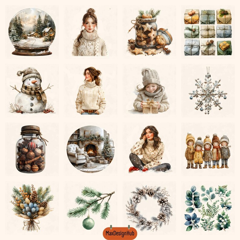 Neutral Christmas Watercolor Clipart: Festive PNG Images (digital ...