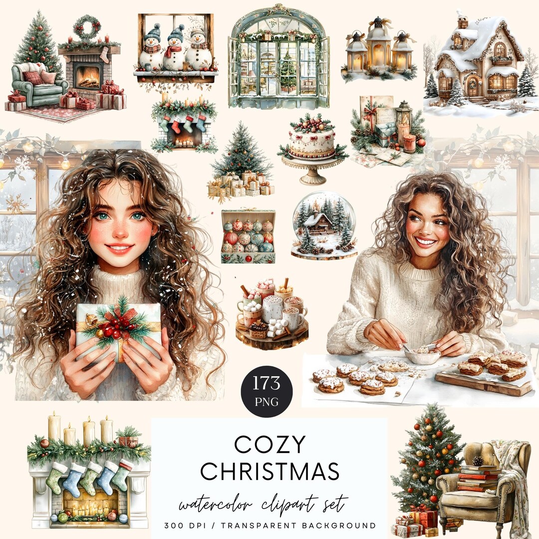 Cozy Christmas Watercolor Clipart: Winter Holiday PNG (digital Download ...