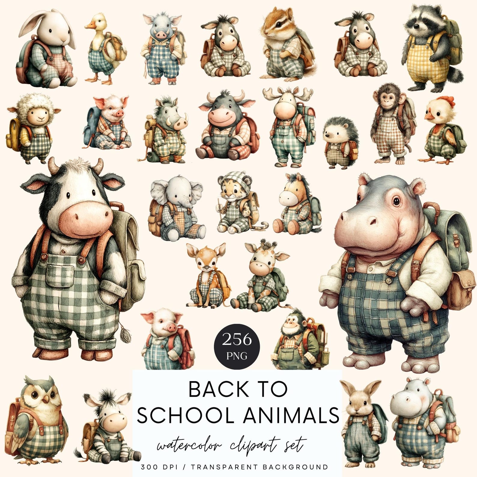 Back to School Animals Clipart: Watercolor PNG Set (digital Download ...