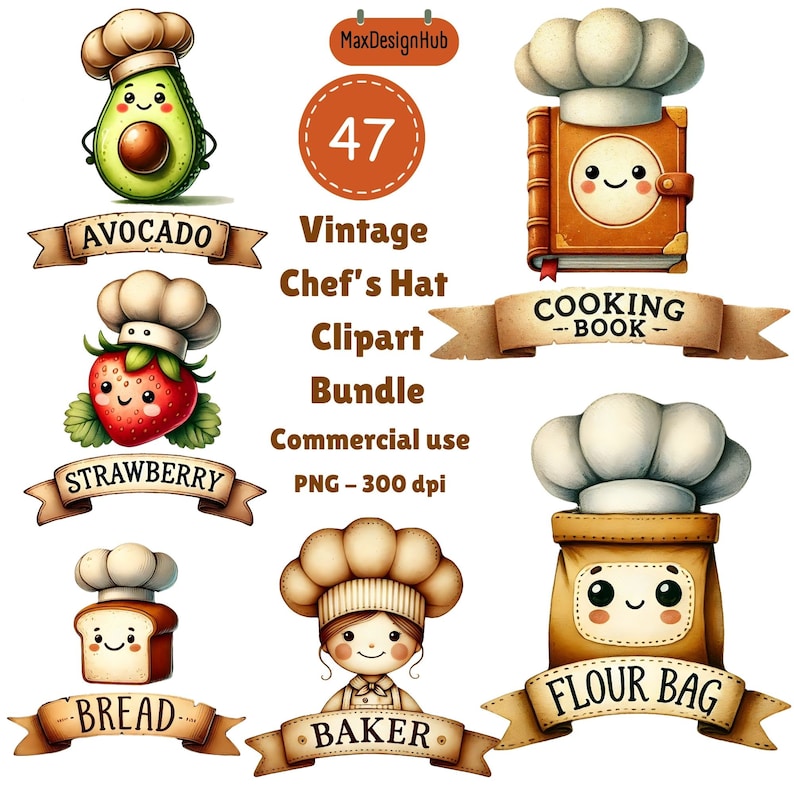 Vintage Chef Hat Clipart Bundle, Food Graphics (PNG) - Etsy