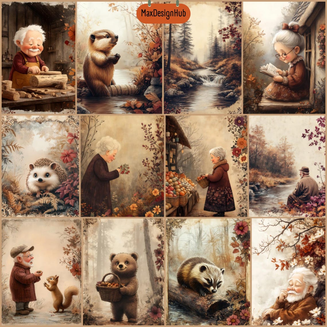 Woodland Elderly Junk Journal Pages: Cartoon Old Lady & Grandpa ...