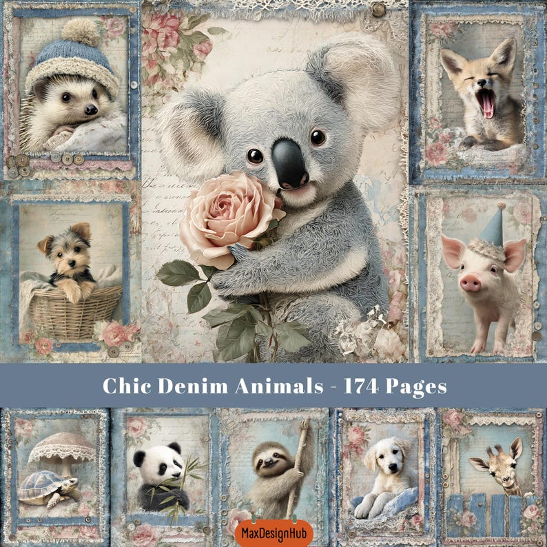 Denim Animal Junk Journal Pages: Shabby Chic Ephemera (digital Download ...