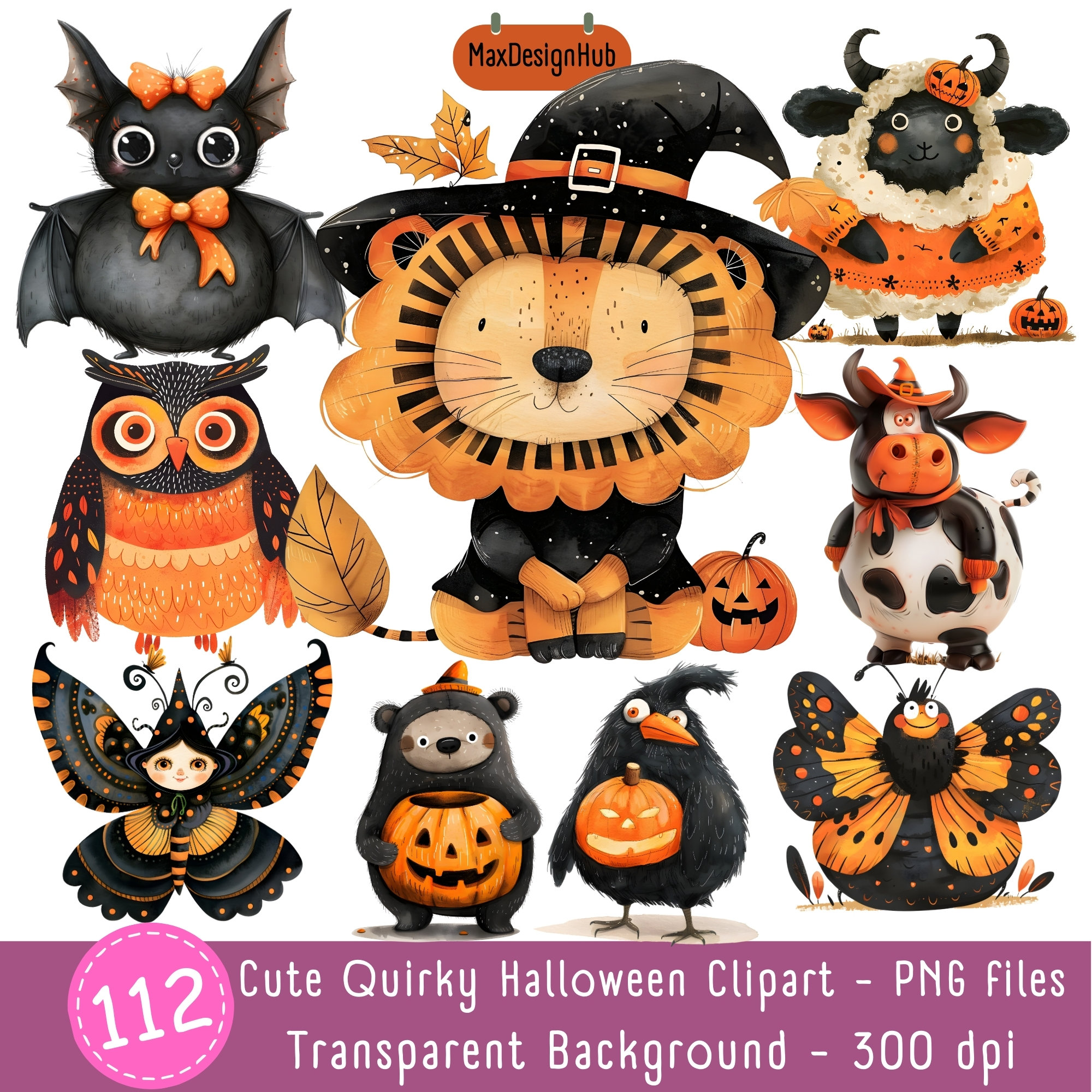 Watercolor Halloween Clipart: 112 Quirky Animals PNG (commercial Use ...