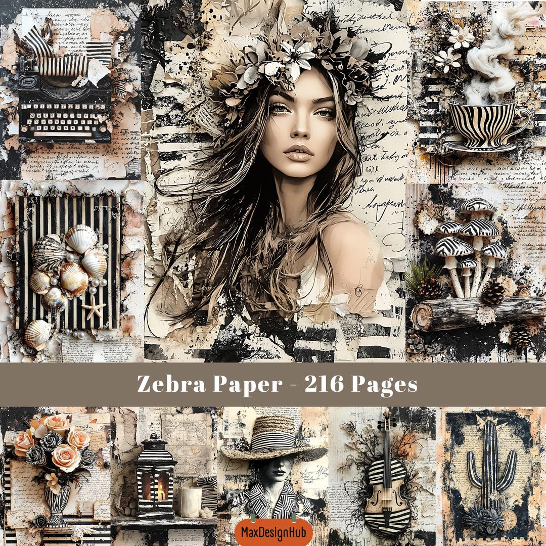 Zebra Art Junk Journal Pages: Black & White Ephemera (digital Download ...