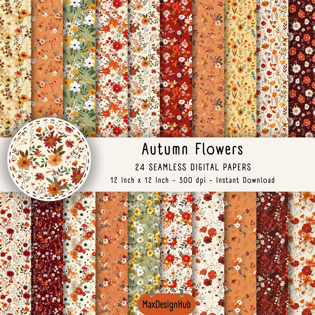 Autumn Florals Watercolor Digital Paper: 24 Seamless Patterns (digital ...