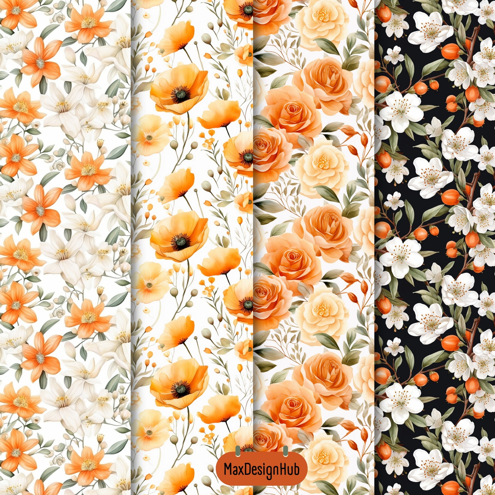 20 Orange Watercolor Floral Printable Paper Seamless Shabby Chic ...