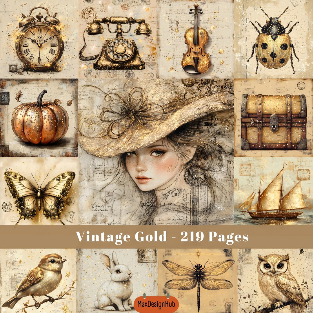 Vintage Gold Pages, Junk Journal, Vintage Ephemera, Antique Digital ...