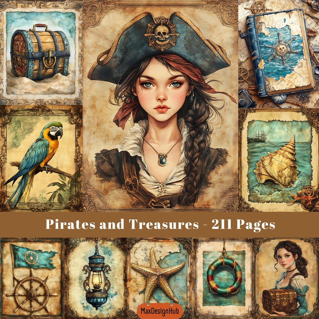 Pirate Treasure Junk Journal Pages: Grungy Caribbean Scrapbook (digital ...