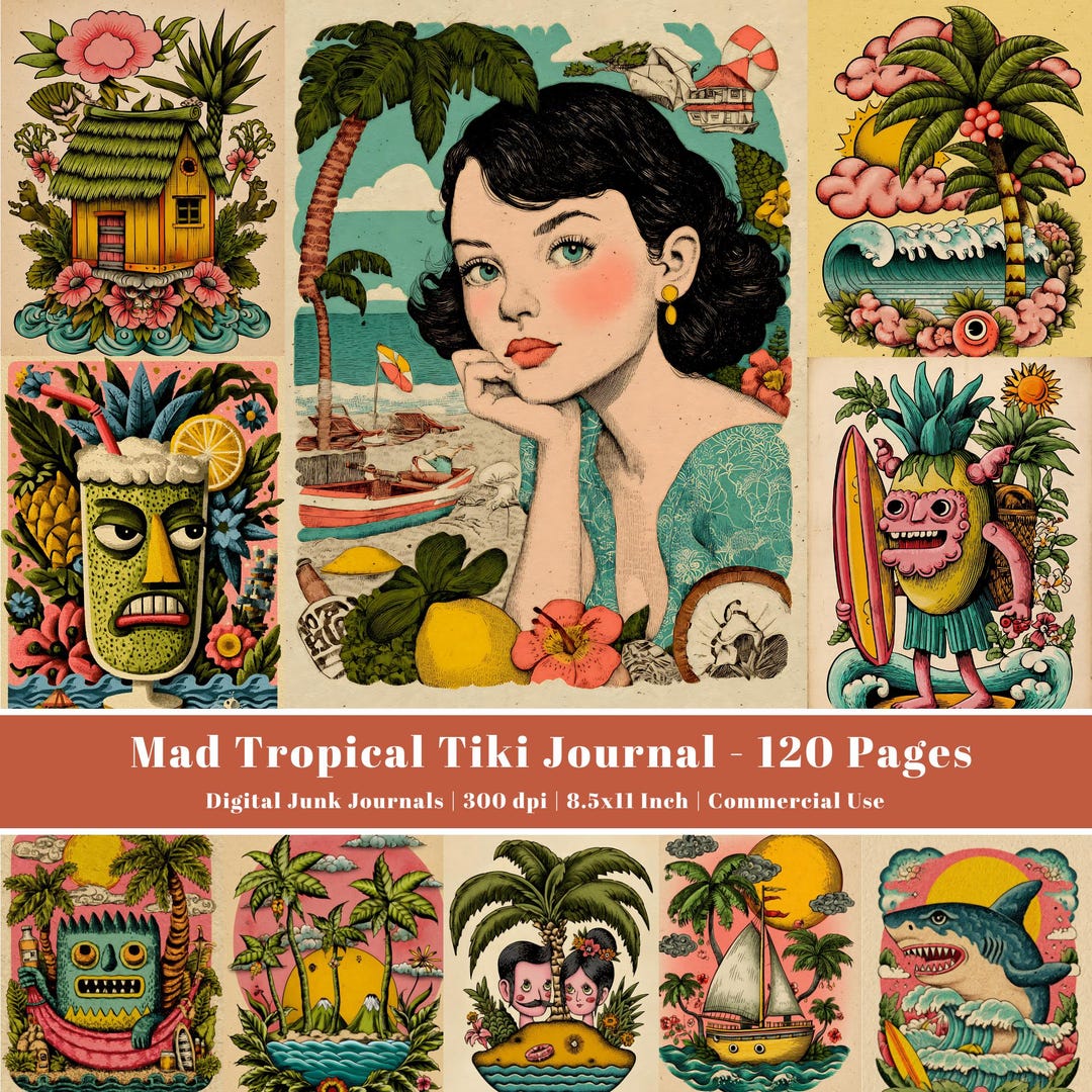 Mad Tropical Tiki Junk Journal, Surreal Retro Beach Papers, Vintage ...