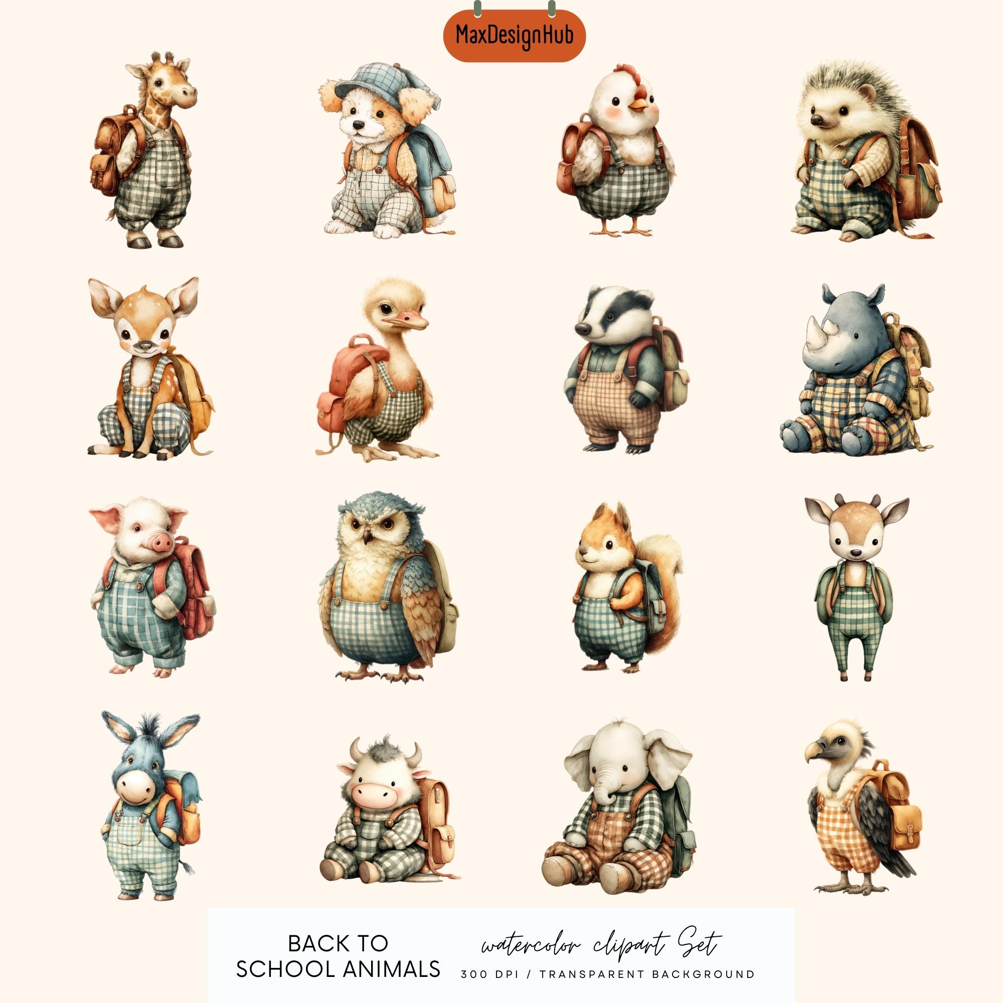 Back to School Animals Clipart: Watercolor PNG Set (digital Download ...