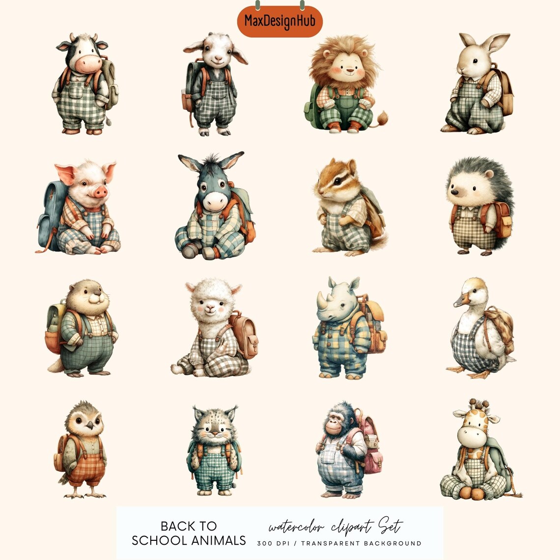 Back to School Animals Clipart: Watercolor PNG Set (digital Download ...