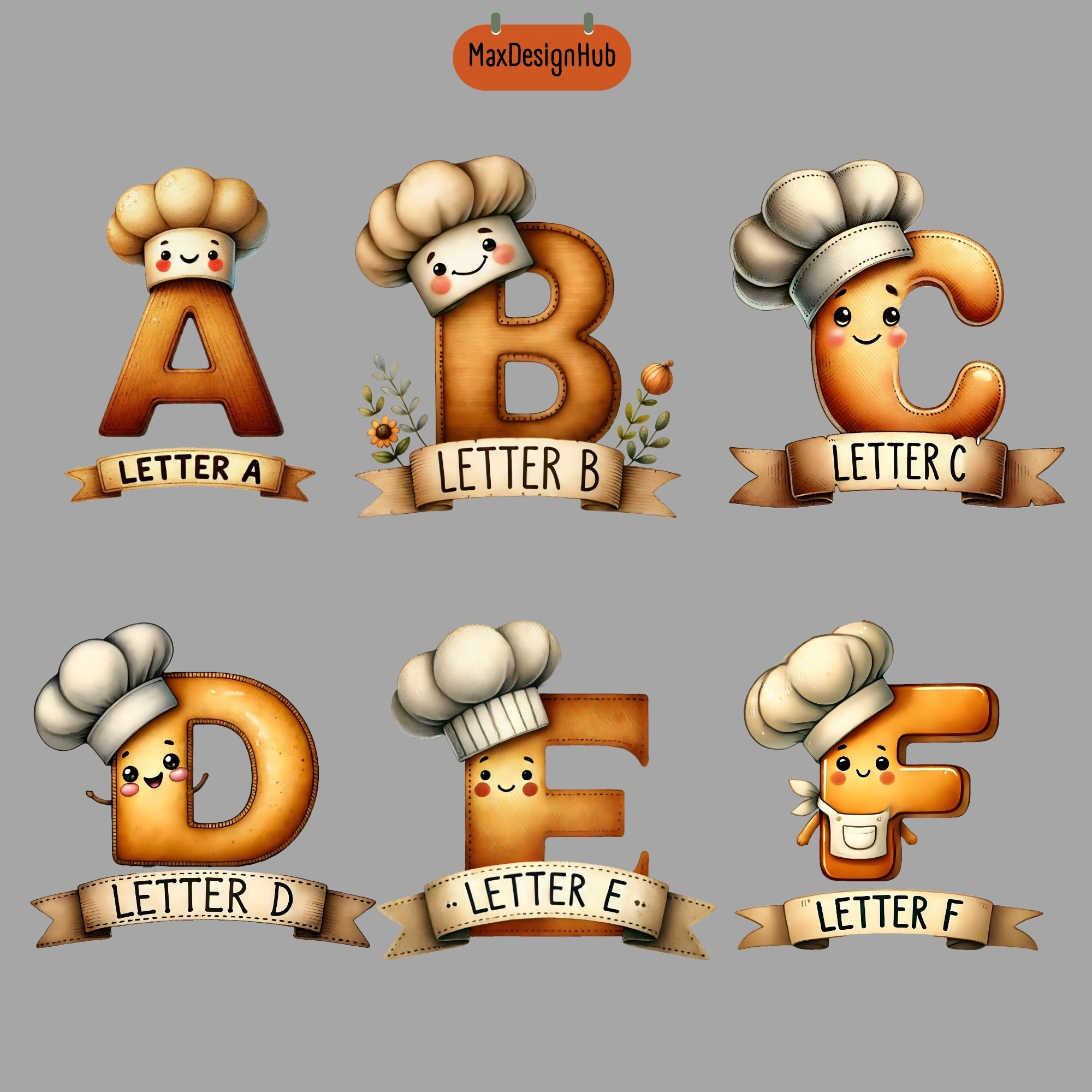 26 PNG Cute Vintage Chef Hat Alphabet Clipart Collection, PNG Cooking ...