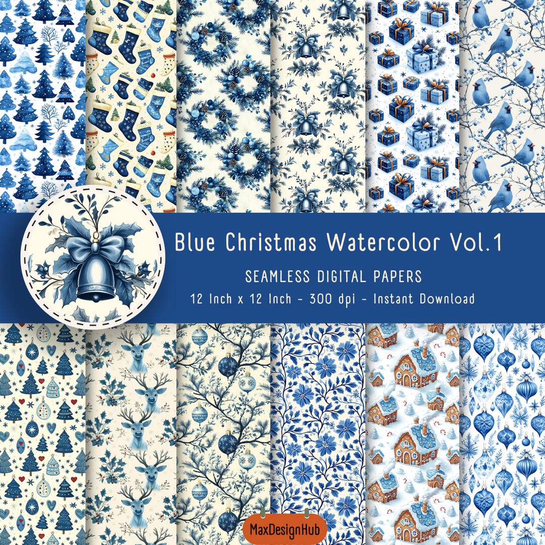 Blue Christmas Watercolor Digital Paper Vol.1 ,blue Holiday Patterns ...