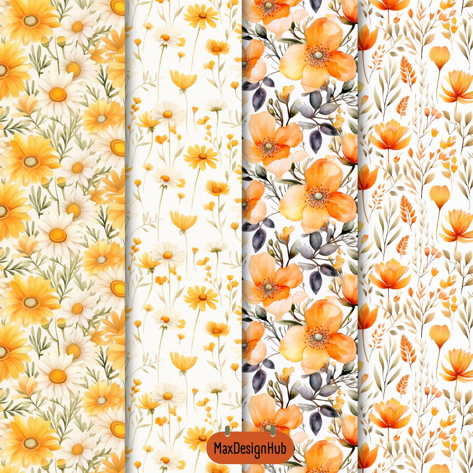 20 Orange Watercolor Floral Printable Paper Seamless Shabby Chic ...