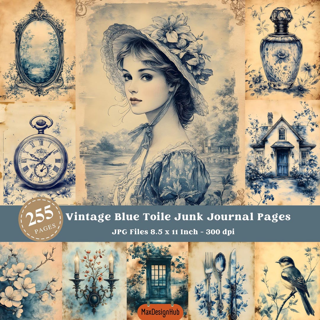 Blue Toile Printable Junk Journal Page, Toile Scrapbook Paper, Digital ...