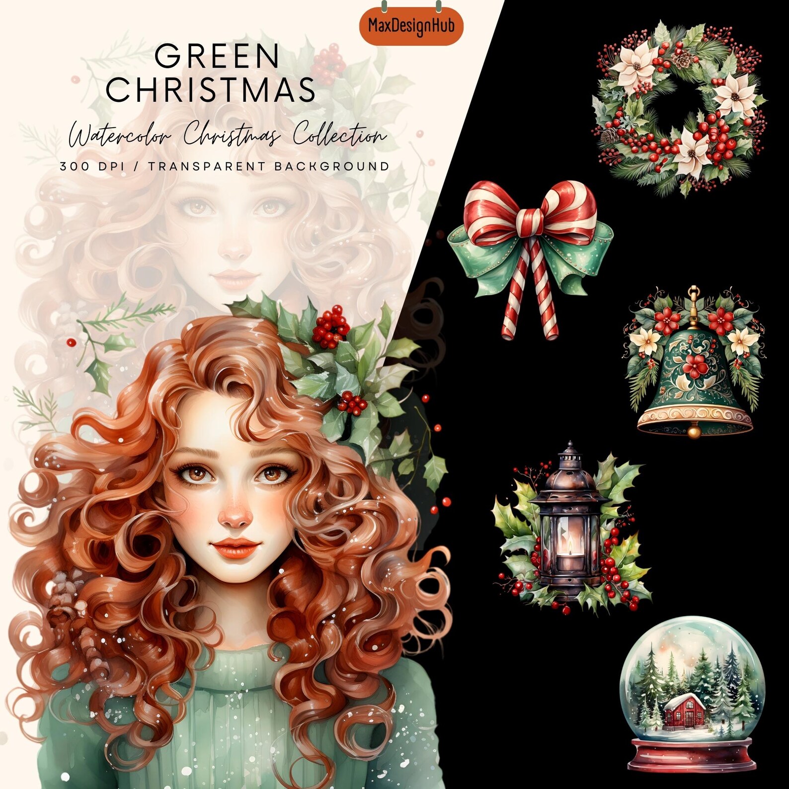 Green Christmas Watercolor Clipart: Festive Holiday PNG Graphics ...