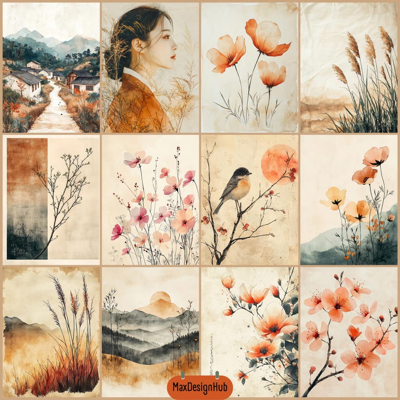 Korean Warm Poetic Junk Journal Pages, Asian Printable Collage ...