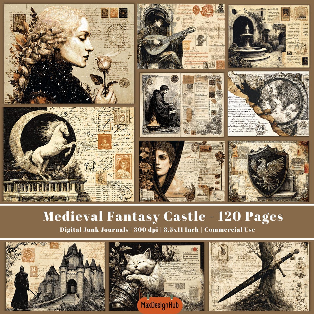 Medieval Fantasy Junk Journal Pages, Castle Dragon Knight Vintage ...