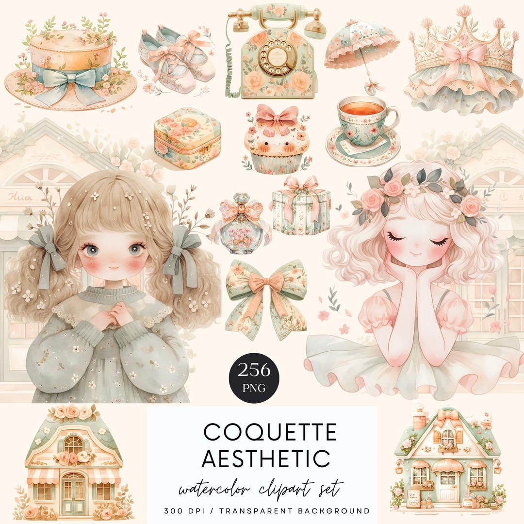 Coquette Watercolor Clipart: Bows, Cottagecore Images (digital Stickers ...