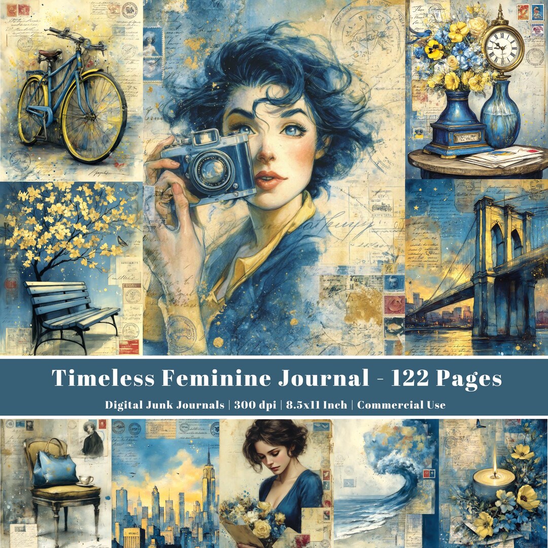 Timeless Feminine Journal Kit, Vintage Women Ephemera, Blue Gold Pages ...