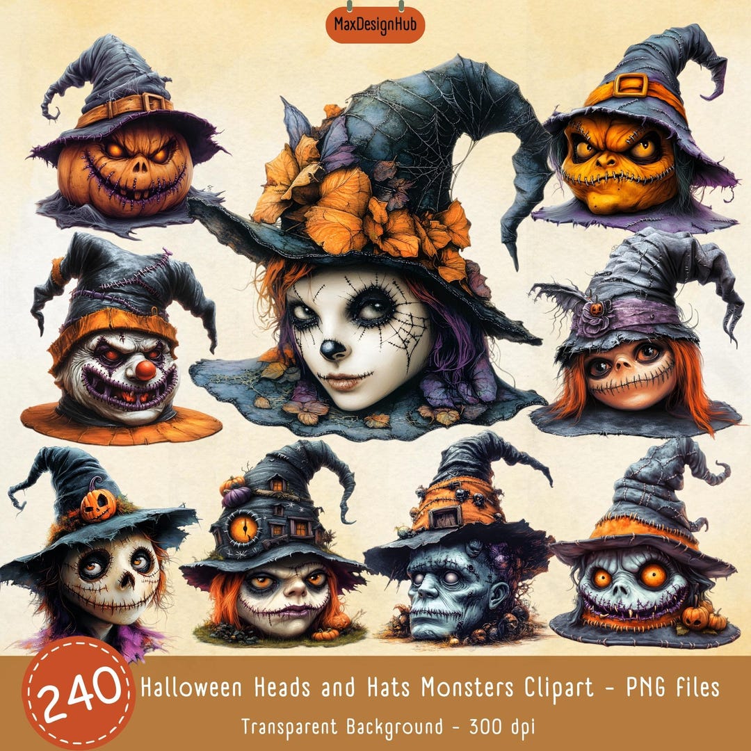 Halloween Monster Heads Clipart: Witches, Pumpkins, Skulls (PNG) - Etsy