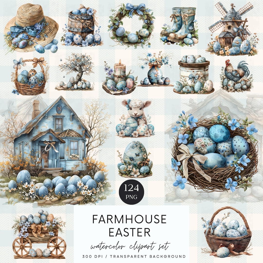 Farmhouse Easter Clipart: Blue Country Farm Animals (digital Download ...