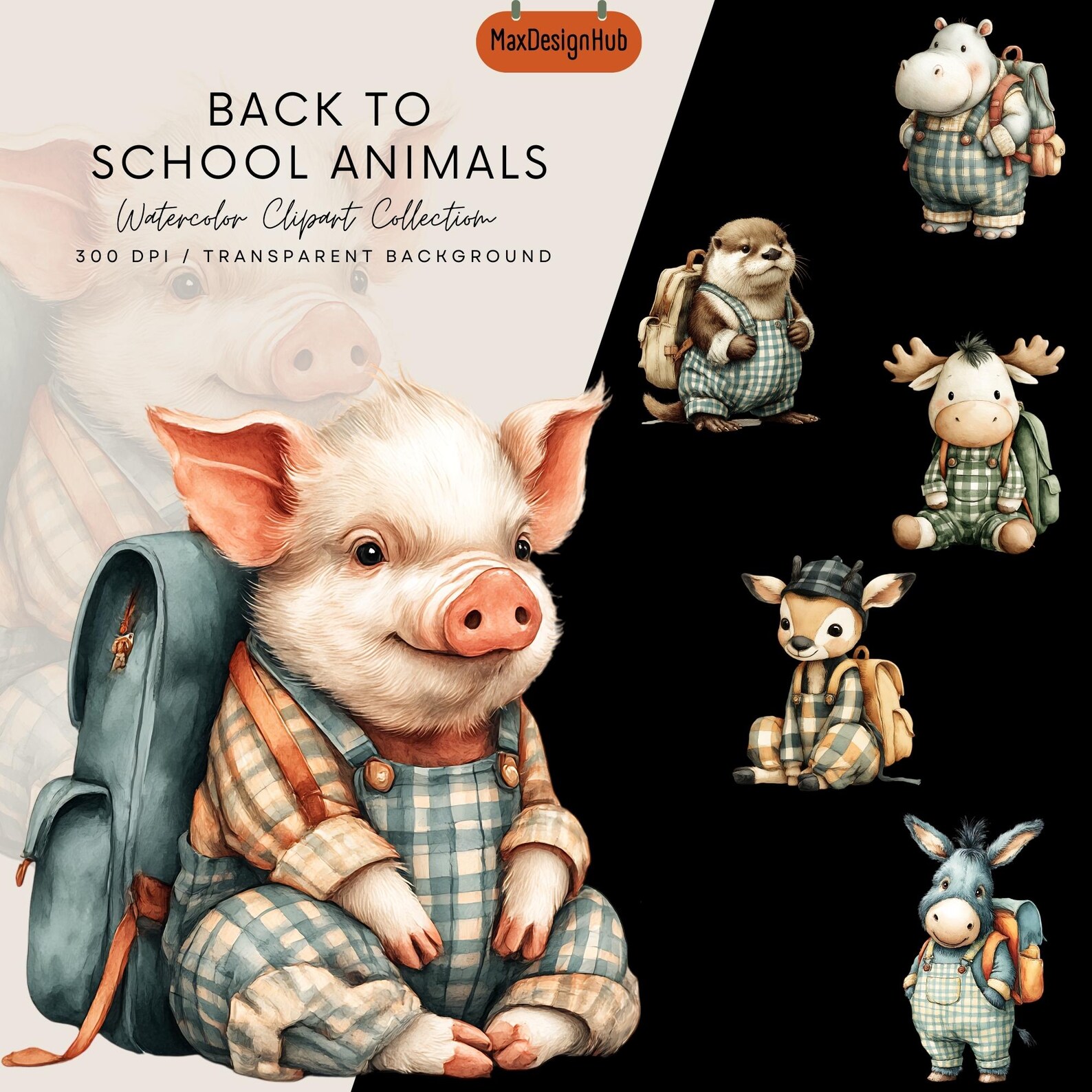 Back to School Animals Clipart: Watercolor PNG Set (digital Download ...