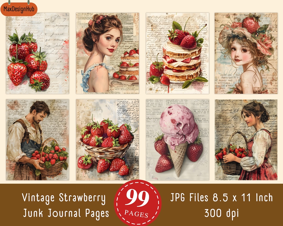 99 Vintage Strawberry Junk Journal Pages, Strawberry Ephemera Pack ...