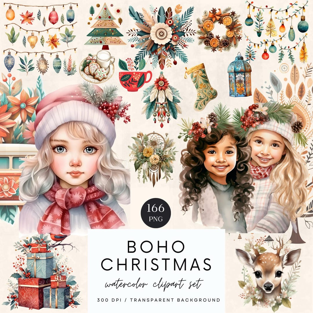 Boho Christmas Watercolor Clipart , Festive Season, Scrapbook Paper ...
