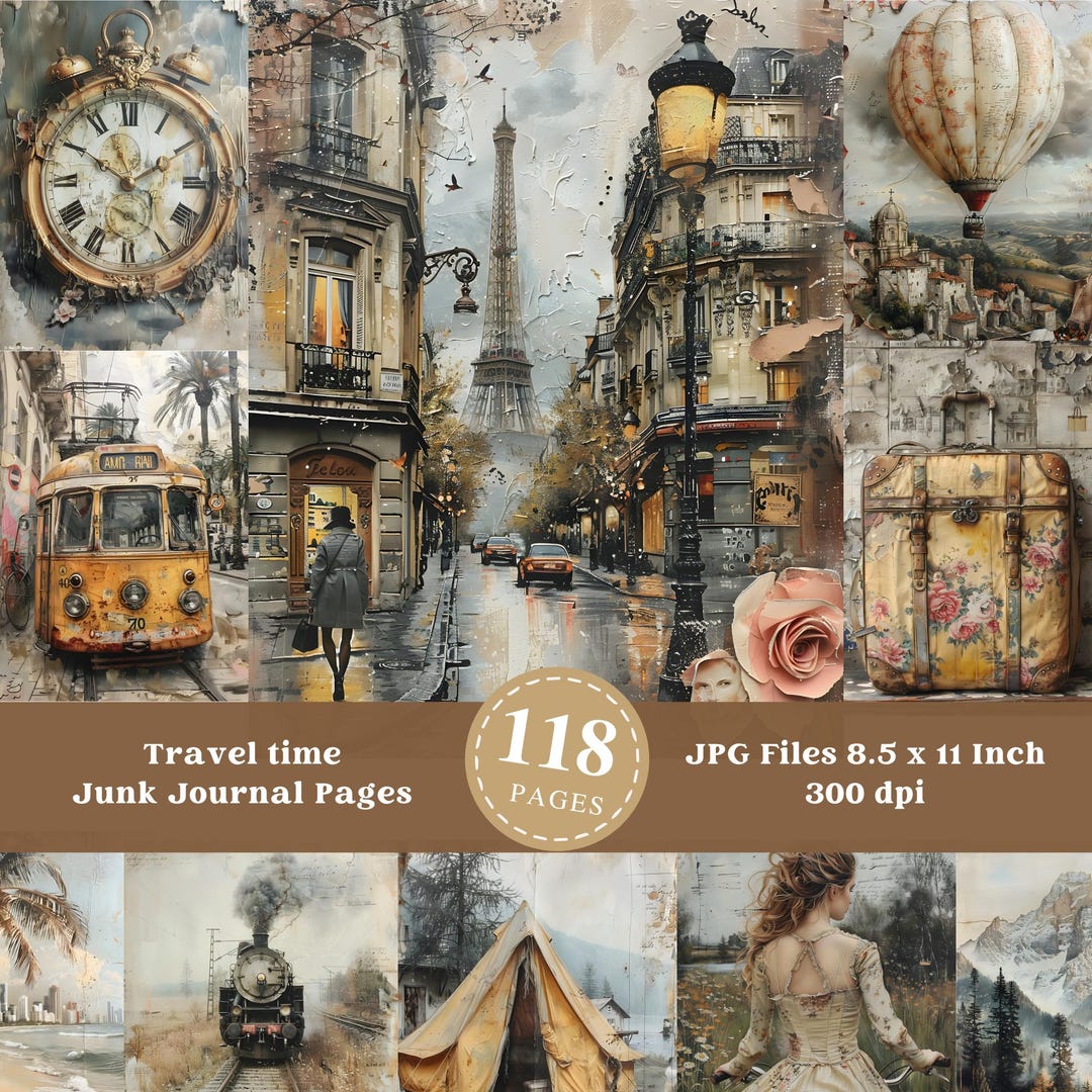 Travel Junk Journal Printable: Antique Suitcase, Vacation Scrapbook ...