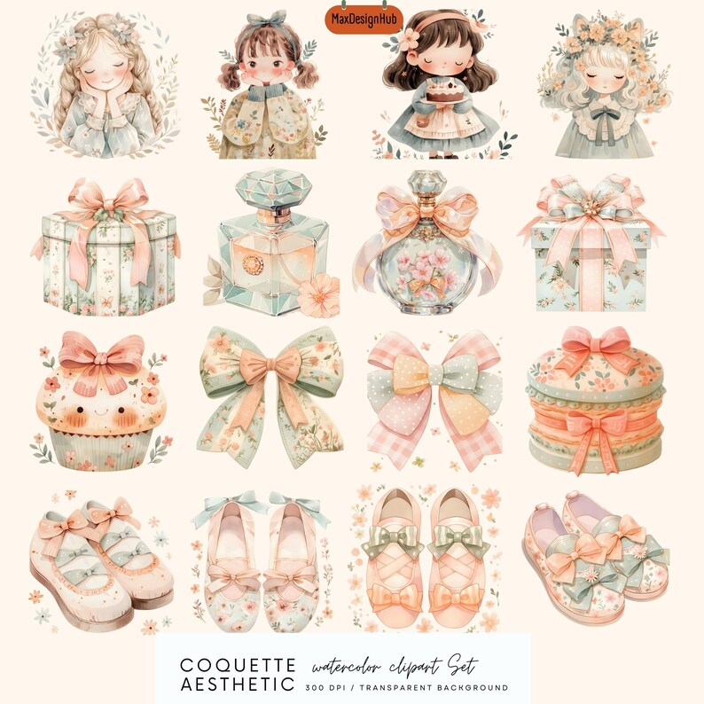 Coquette Watercolor Clipart: Bows, Cottagecore Images (digital Stickers ...