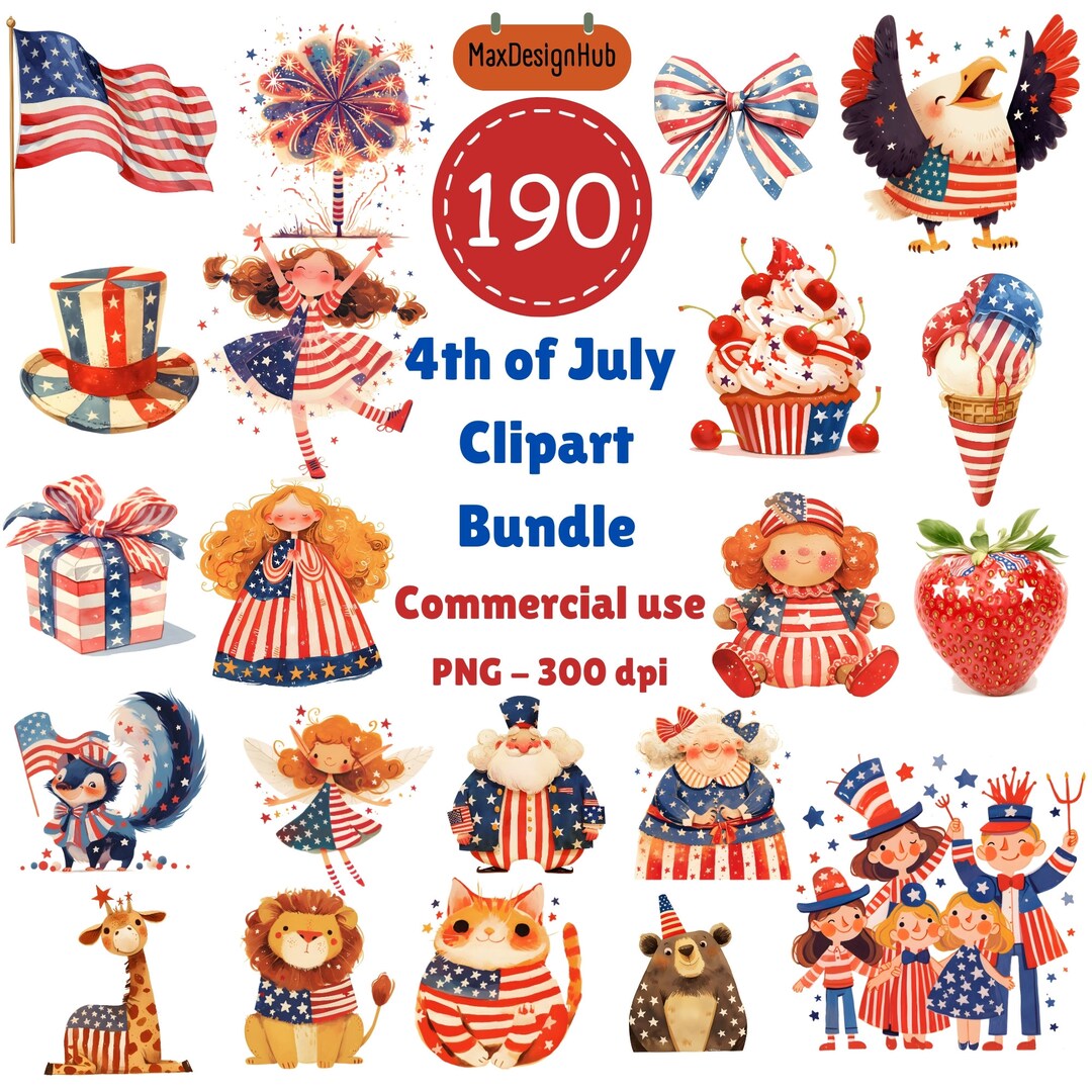 4th of July Watercolor Clipart Bundle: Patriotic PNG Graphics ...
