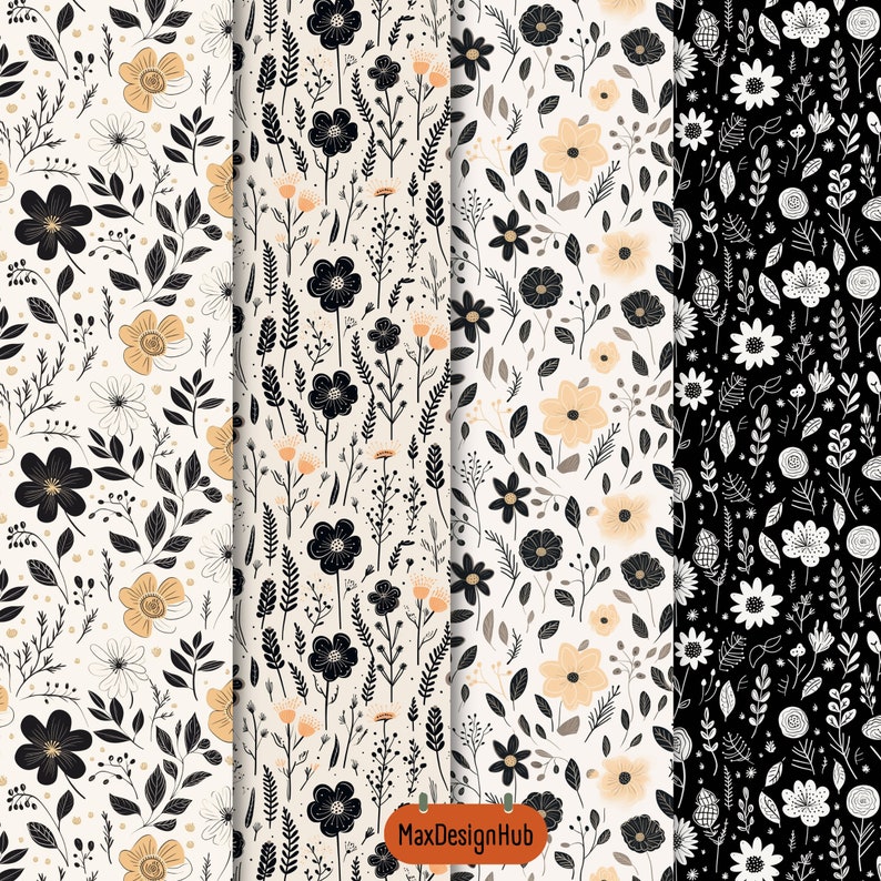 Black & White Doodle Floral Paper: Seamless Scrapbook Patterns (digital ...
