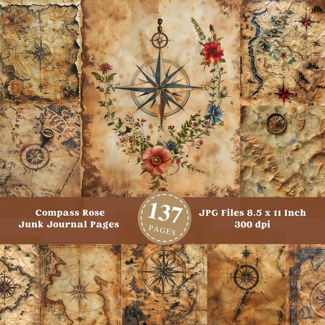 Grungy Junk Journal Pages: Compass Rose Collage Paper (digital Download ...