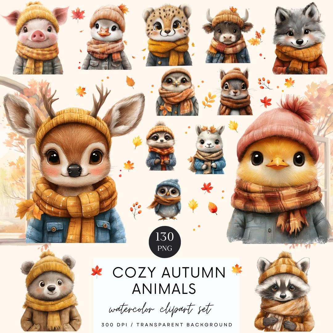 Cozy Autumn Animals Watercolor Clipart, Fall Animals Clipart, Autumn ...