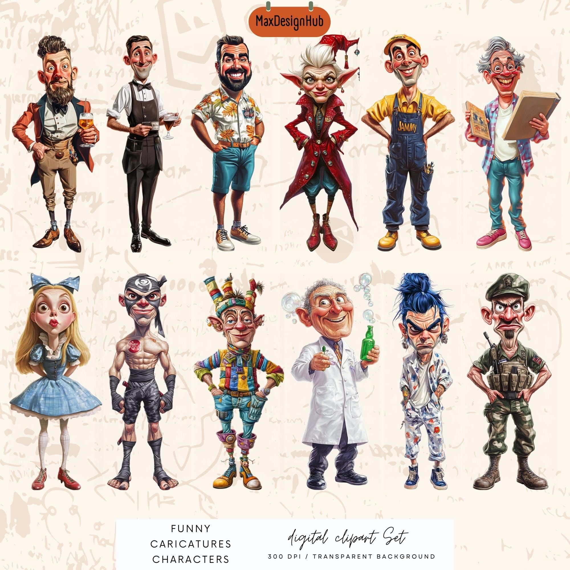 Funny Caricature Clipart: 180 PNG Character Designs (digital Download ...