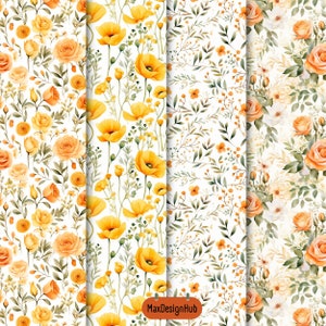 20 Orange Watercolor Floral Printable Paper - Seamless Shabby Chic ...