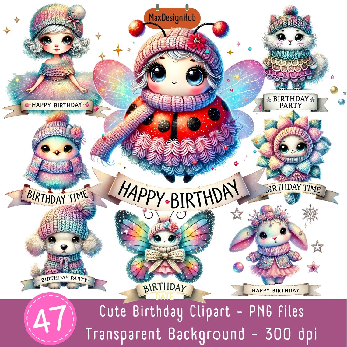 47 PNG Cute Birthday Clipart, Animals Clipart Bundle, Printable ...