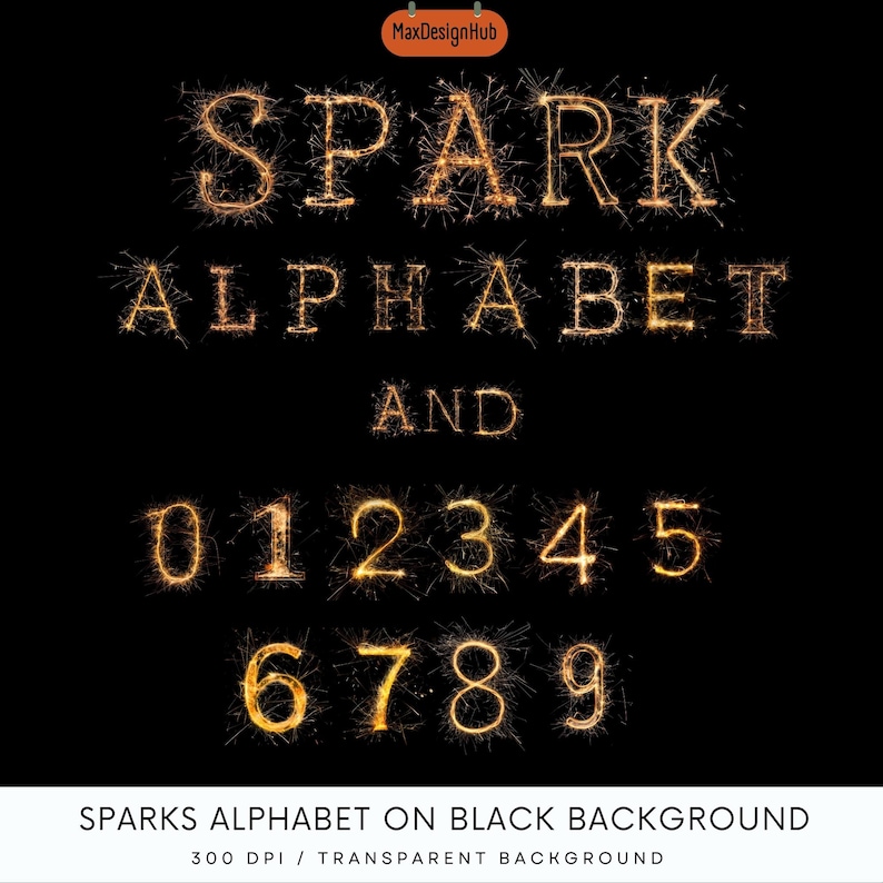 Sparks Alphabet Clipart: Glowing Letters PNG, Black Background (digital ...