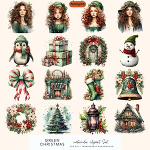 Green Christmas Watercolor Clipart: Festive Holiday PNG Graphics ...