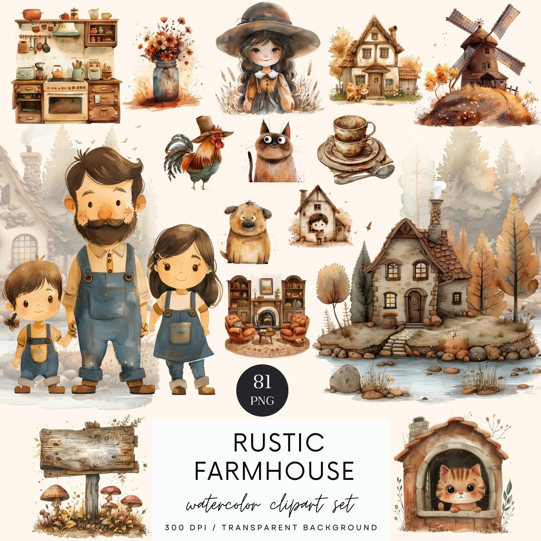Rustic Farmhouse Watercolor Clipart: 81 PNG Images (digital Download ...