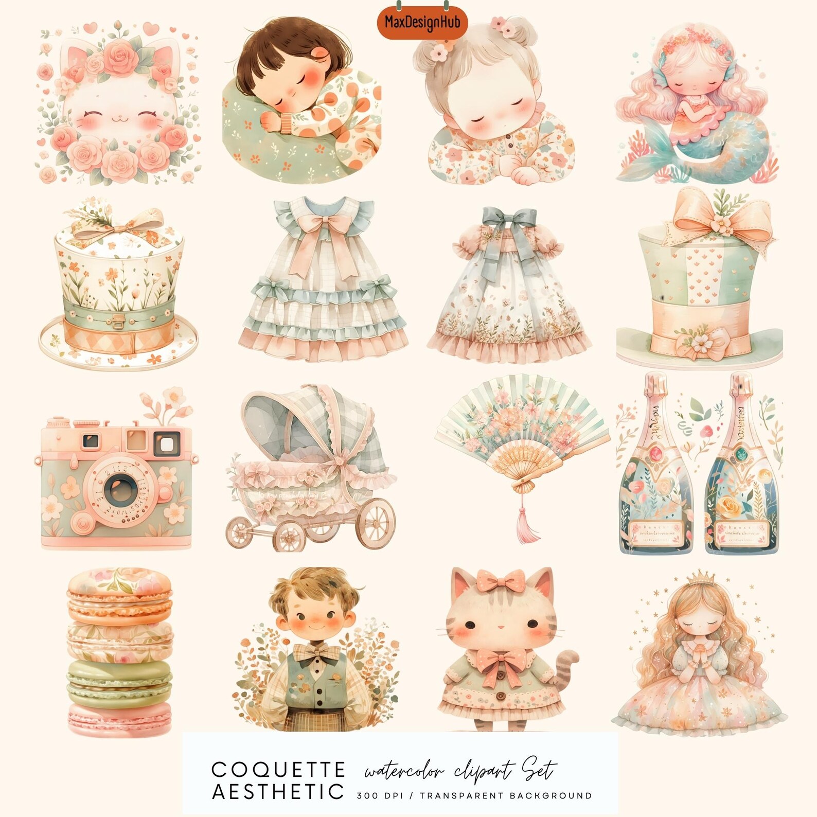 Coquette Watercolor Clipart: Bows, Cottagecore Images (digital Stickers ...