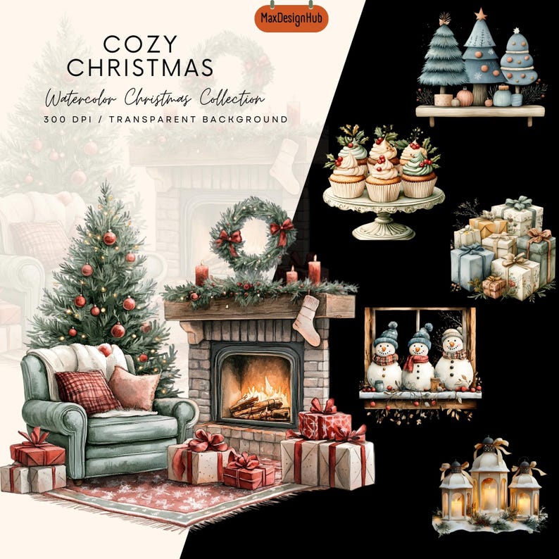 Cozy Christmas Watercolor Clipart: Winter Holiday PNG (digital Download ...